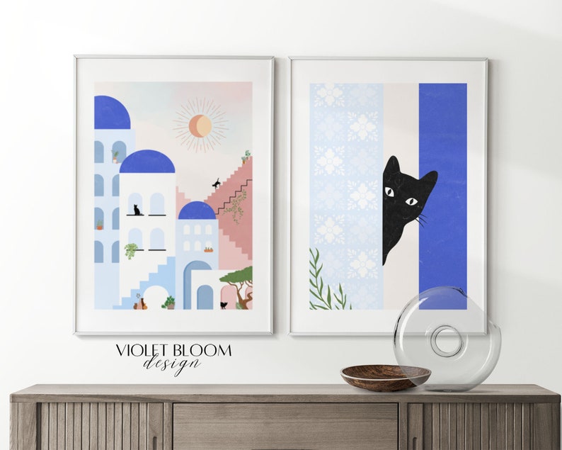 Boho Greece City Scenery Wall Art, Gift for Cat Lover, Funny Cat Wall ...
