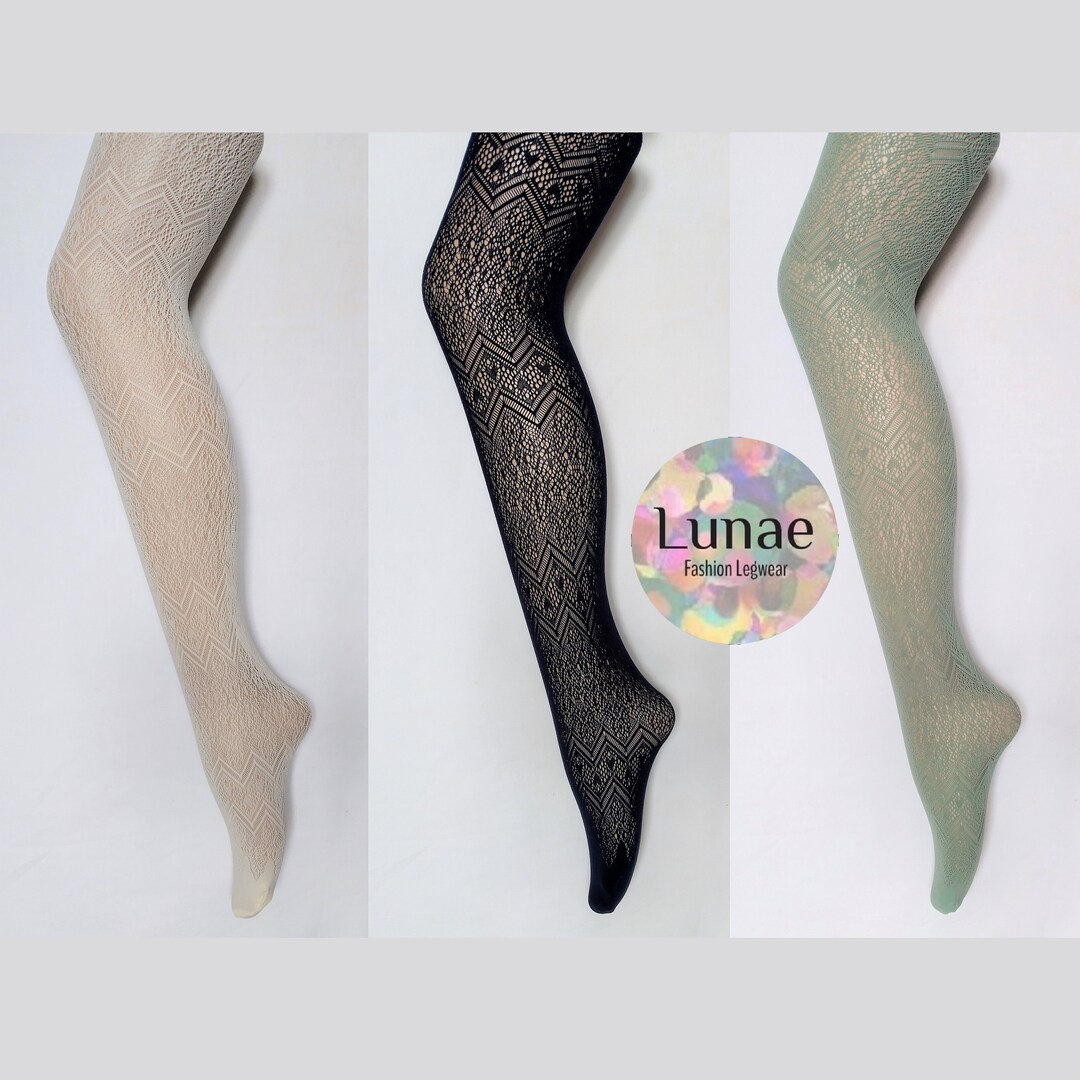 Fishnet Tights Pattern Mesh Crochet Lace Geometric Heart Zig-zag Sage ...