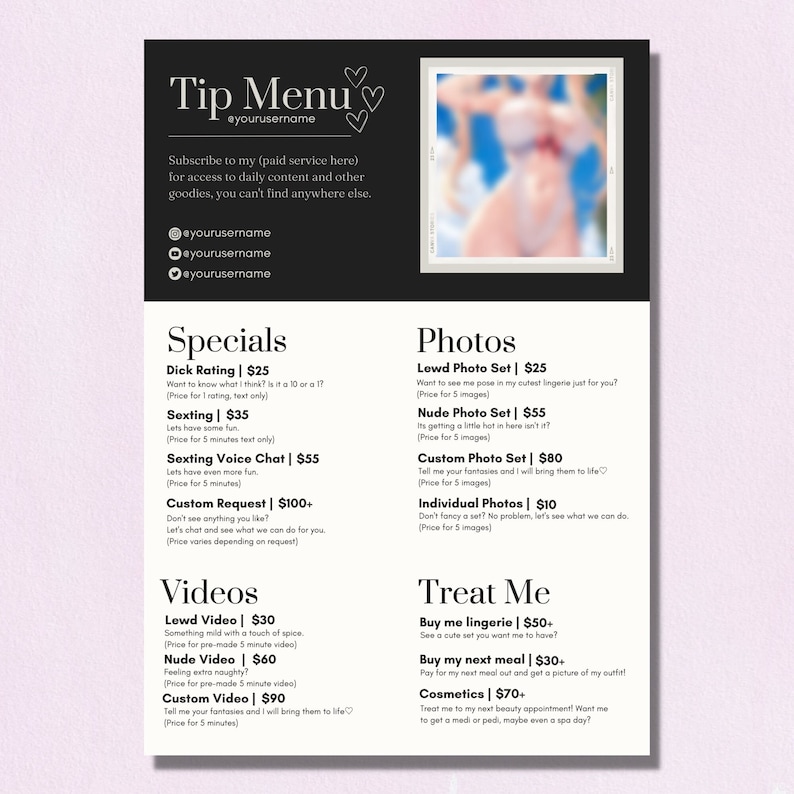 Onlyfans Tip Menu, Editable Template Canva Tip Menu for Paid Service ...