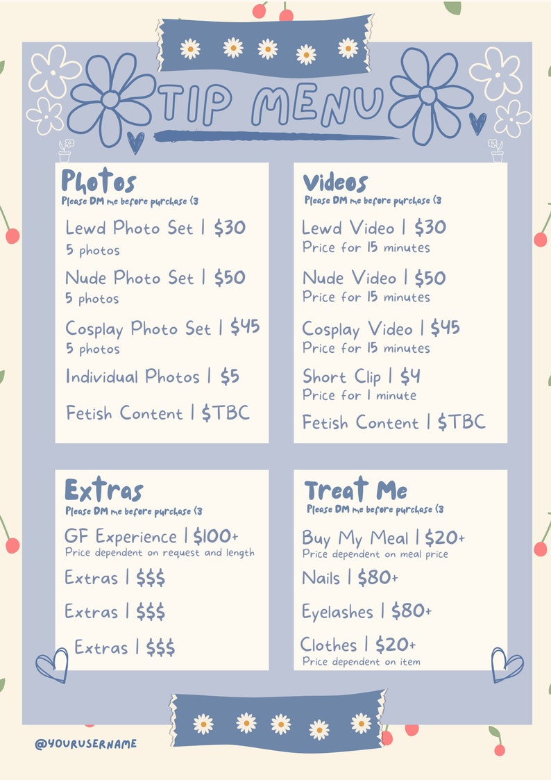 Tip Menu for Onlyfans Fansly Patreon Fully Editable Canva - Etsy