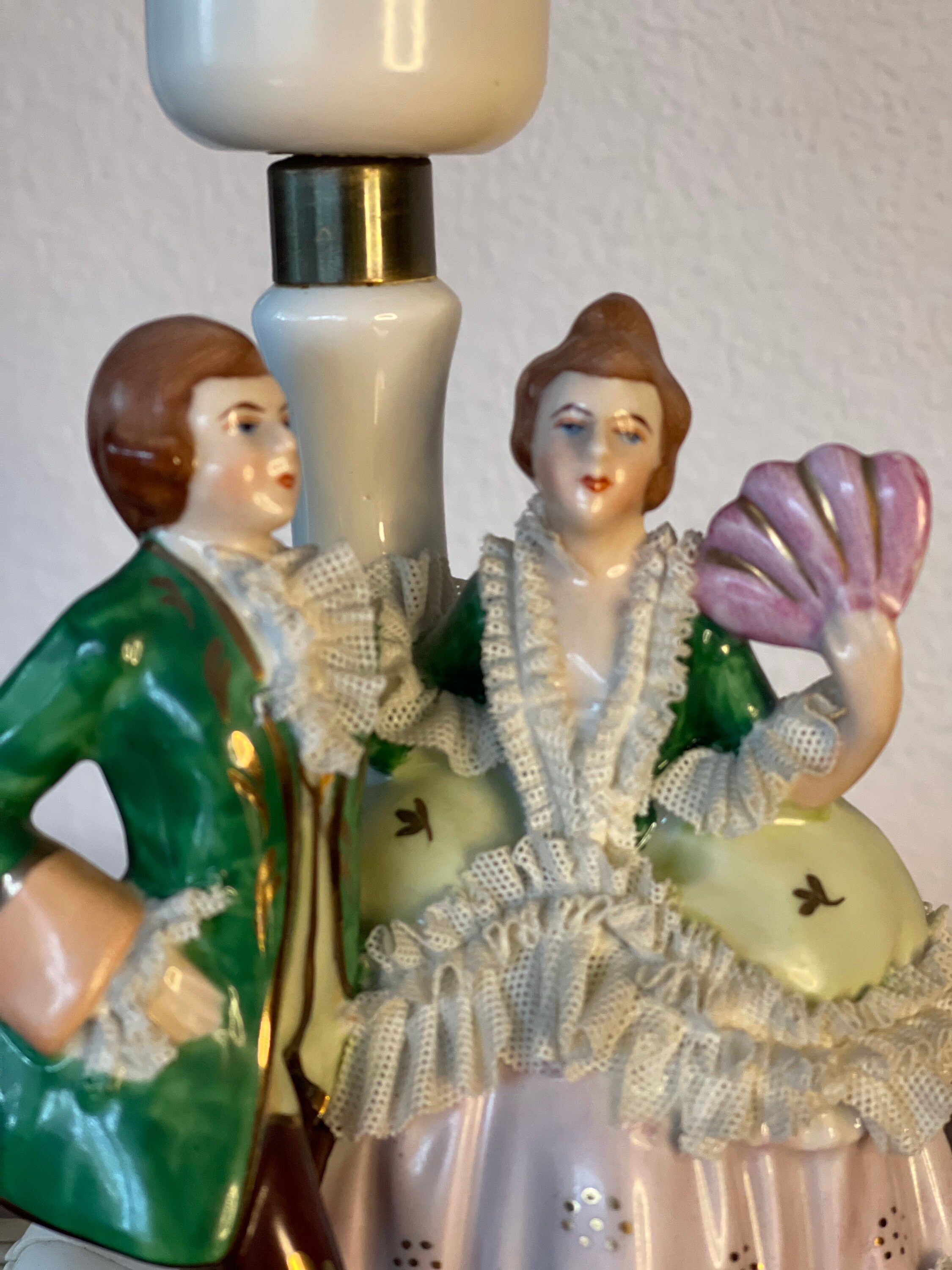 Rare Vintage Delicate Porcelain Table Lamp With Dame and Cavalier ...