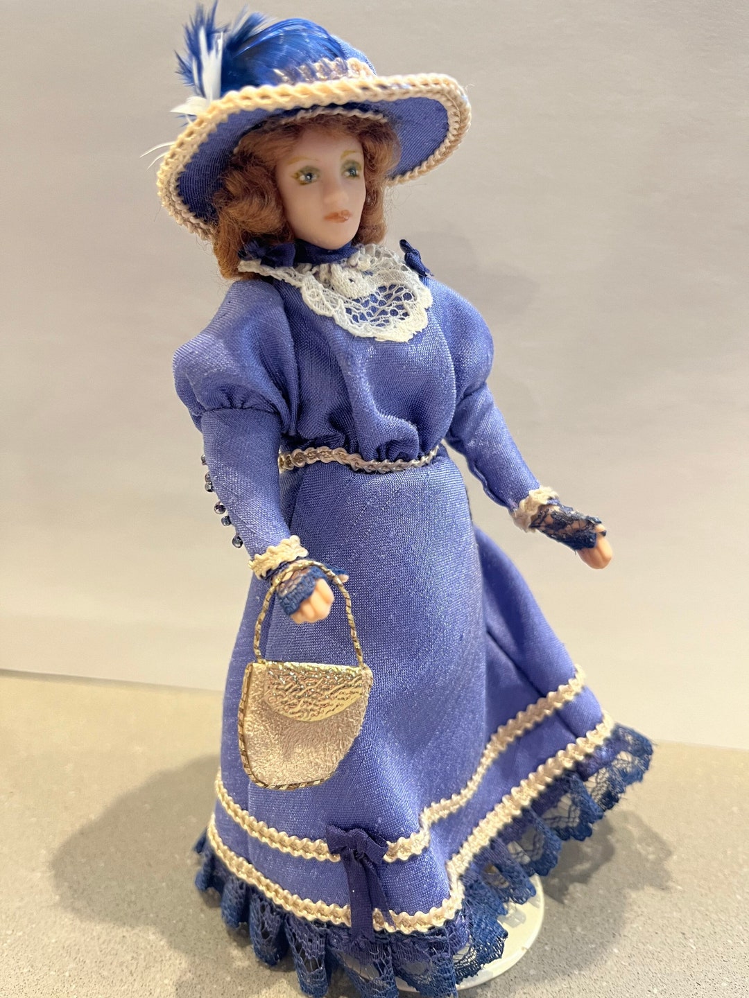 Victorian Lady Porcelain Doll 1/12th Scale Elegant Blue Dress Handbag ...