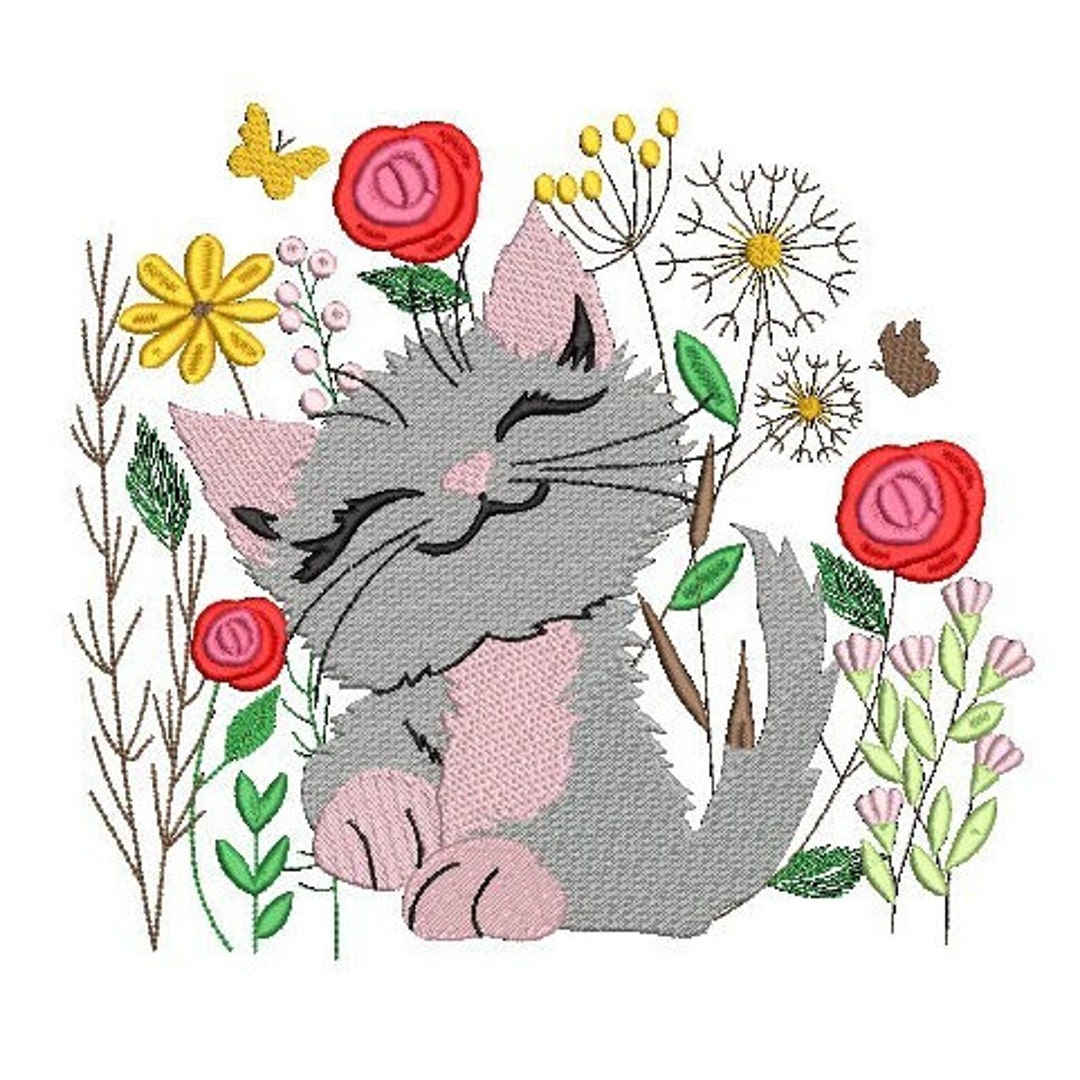 Cat Embroidery Design, Wildflowers Embroidery Design, Spring Embroidery ...