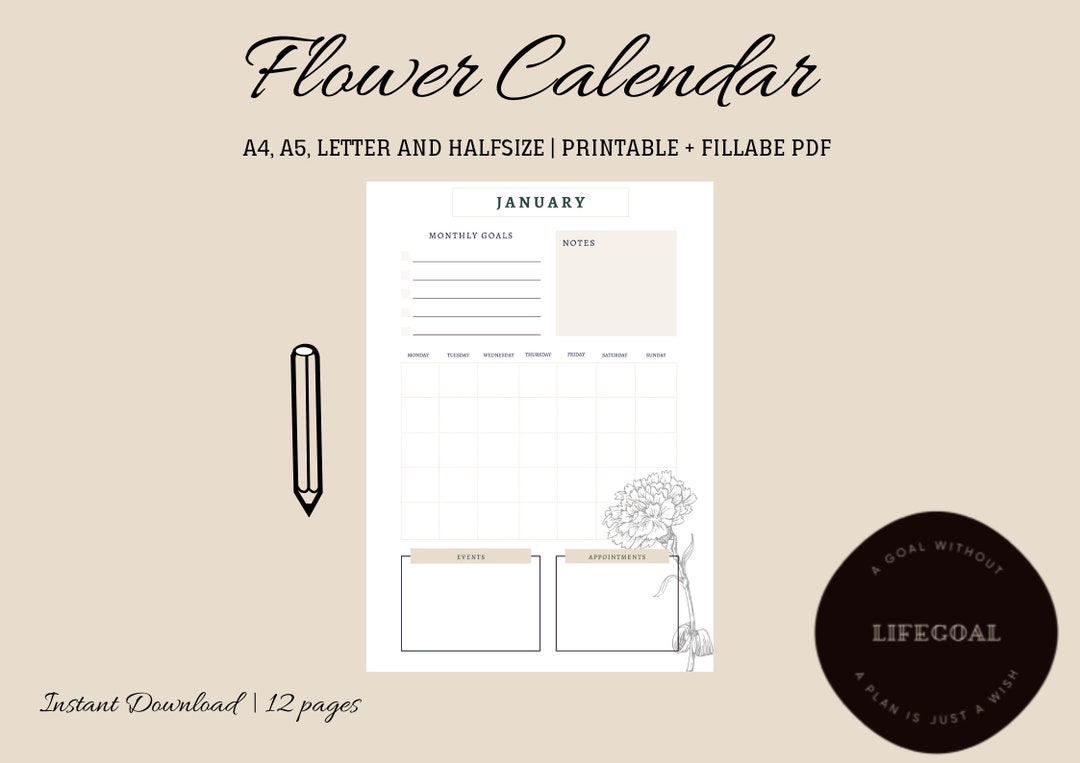 Flower Calendar Printable, A4/a5/letter/half Letter, Instant Download ...