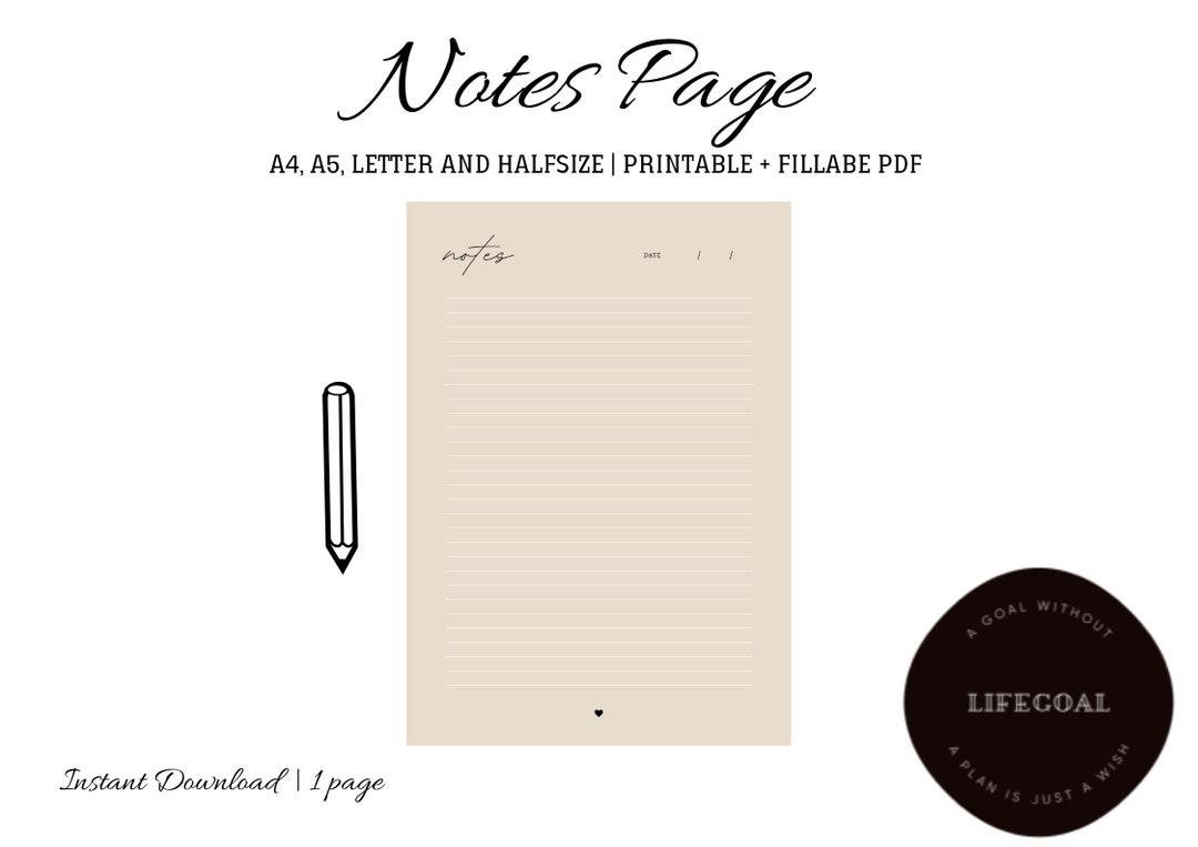 Notes Page Printable, Instant Download, A4, A5, Letter, PDF, Planner ...