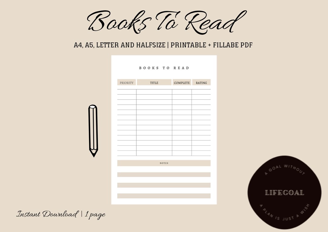 Books to Read List Printable, Instant Download, Books Planner, Books ...