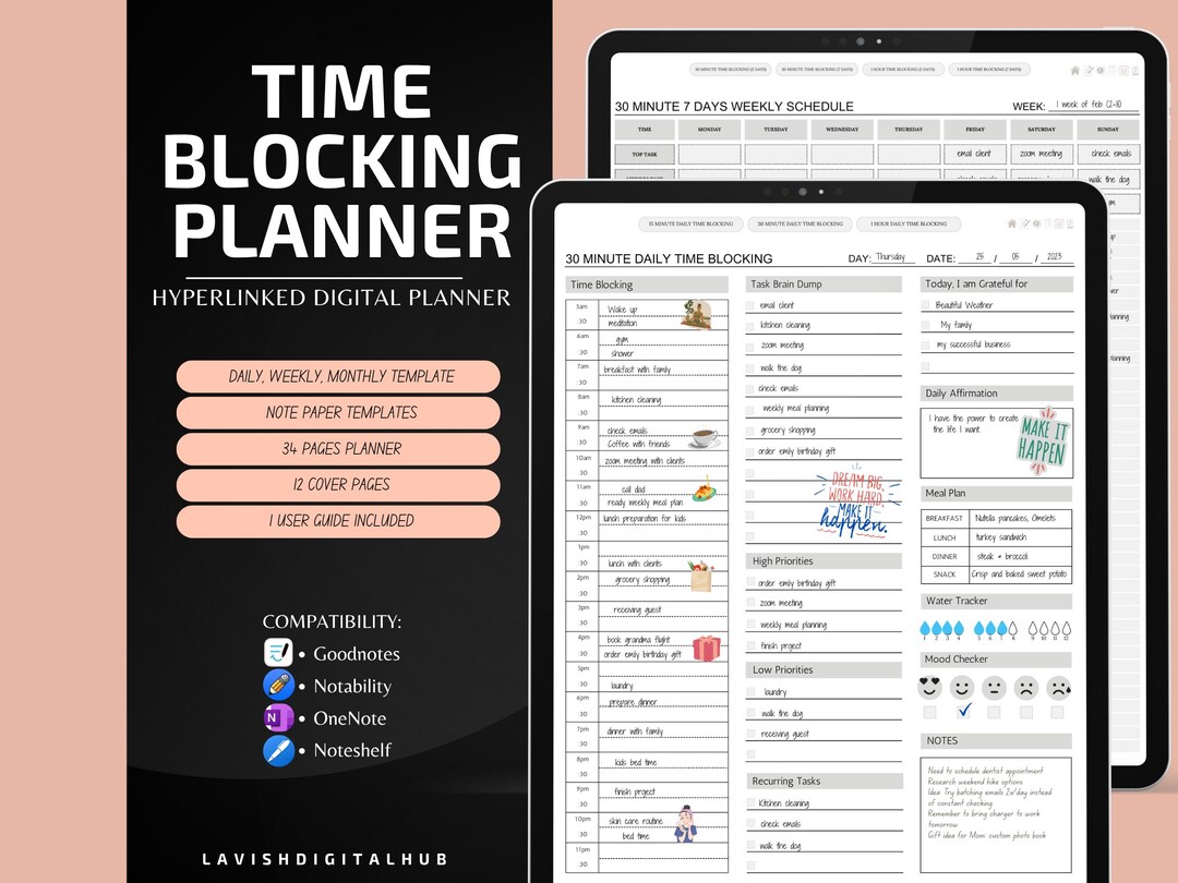 Time Blocking Planner, Hyperlinked Monthly, Weekly, Daily Planner ...