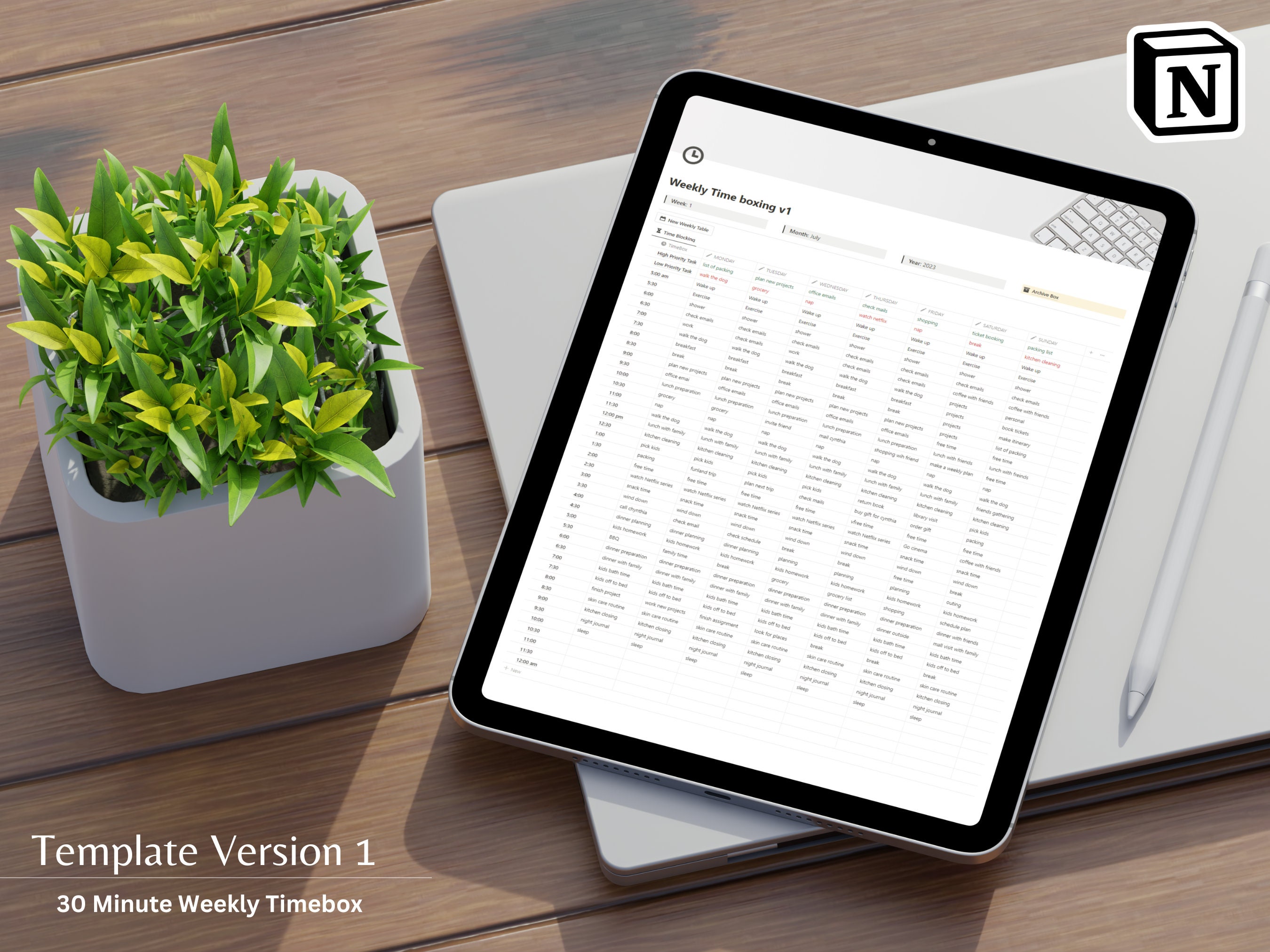 Weekly Time Blocking Planner Notion Template, 30 Minute & 1 Hour Timeboxing Productivity Notion ...