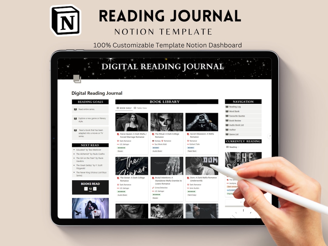 Digital Reading Journal Notion Template, Digital Reading Planner Notion, Book Tracker, Book Log ...