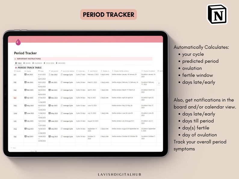 Notion Period Tracker, Mood Tracker Notion Template, Calendar for Menstruation, Symptom Tracker ...