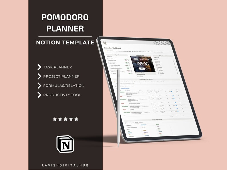 Pomodoro Planner Notion Template, Time Management and Productivity for Students, Task Project ...