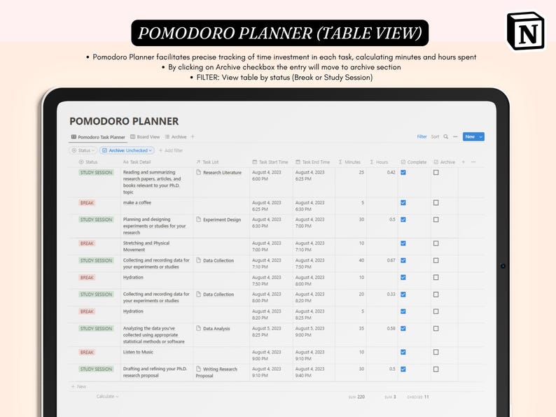 Pomodoro Planner Notion Template, Time Management and Productivity for ...