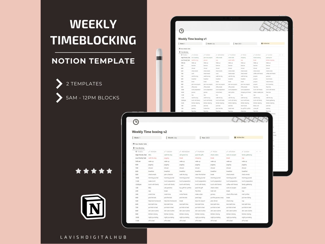 Weekly Time Blocking Planner Notion Template, 30 Minute & 1 Hour Timeboxing Productivity Notion ...