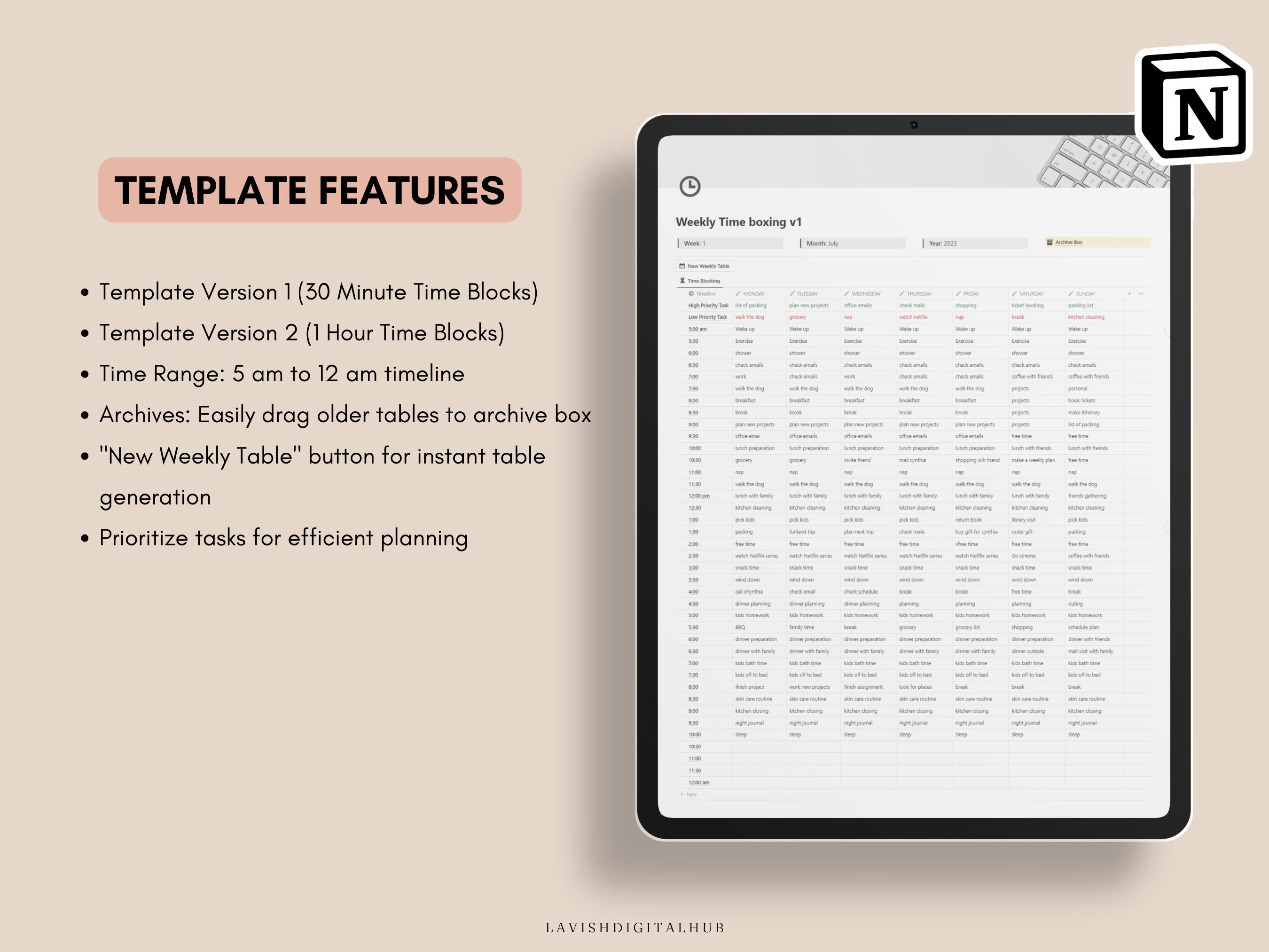 Weekly Time Blocking Planner Notion Template, 30 Minute & 1 Hour ...