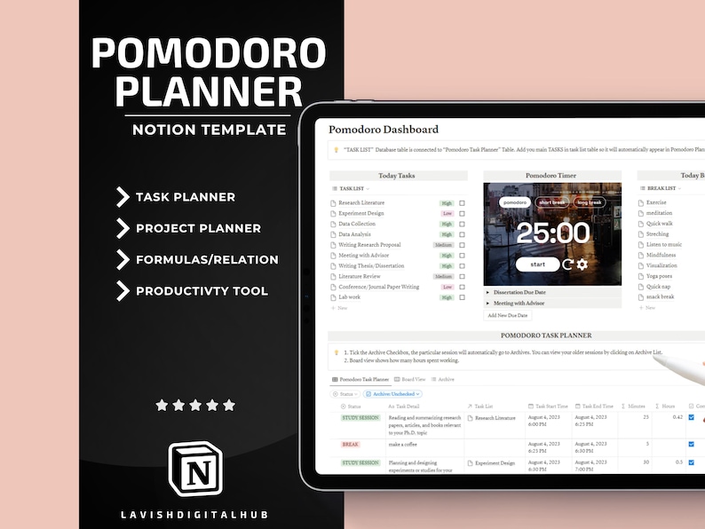 Pomodoro Planner Notion Template, Time Management and Productivity for Students, Task Project ...