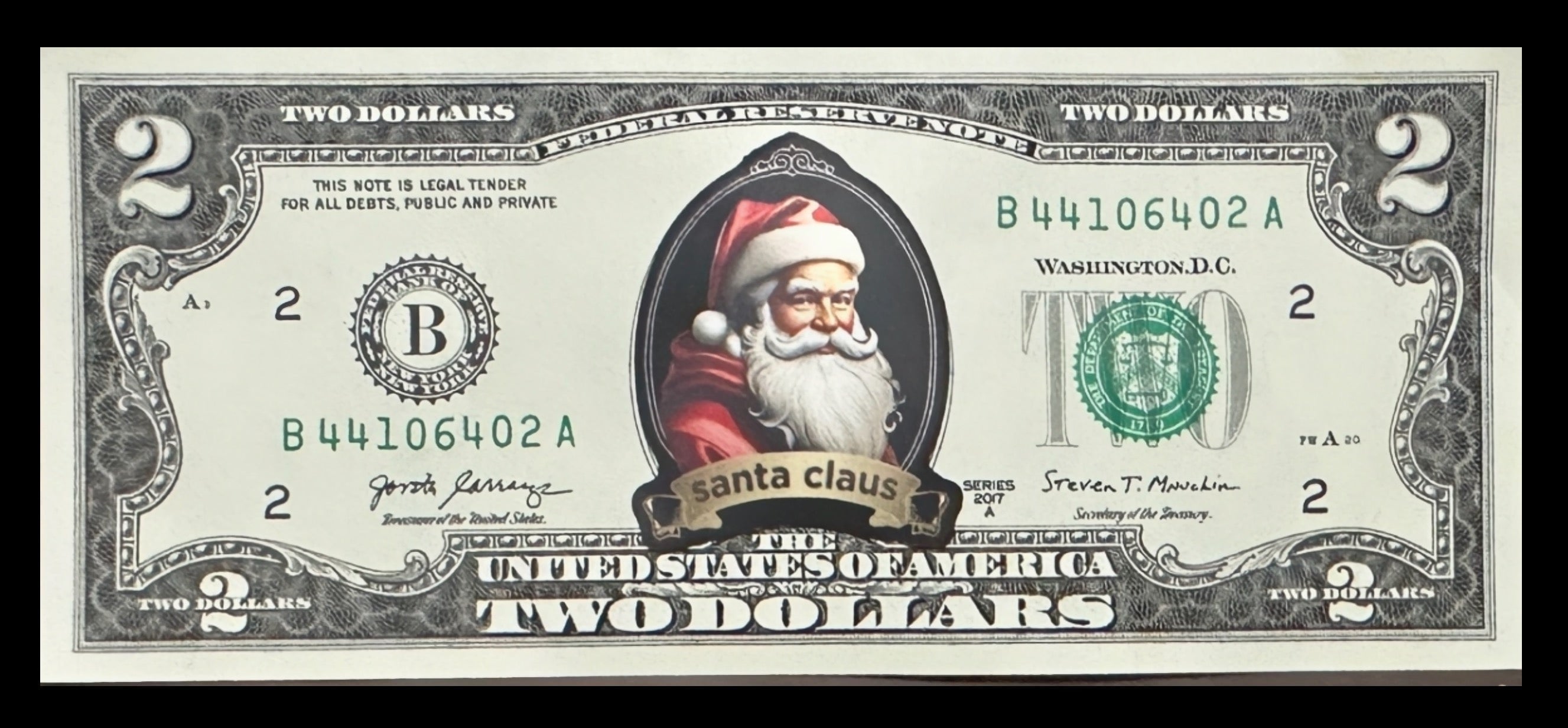 Santa Claus Christmas 2 US Dollar Bill Santa Claus Uncirculated Real ...