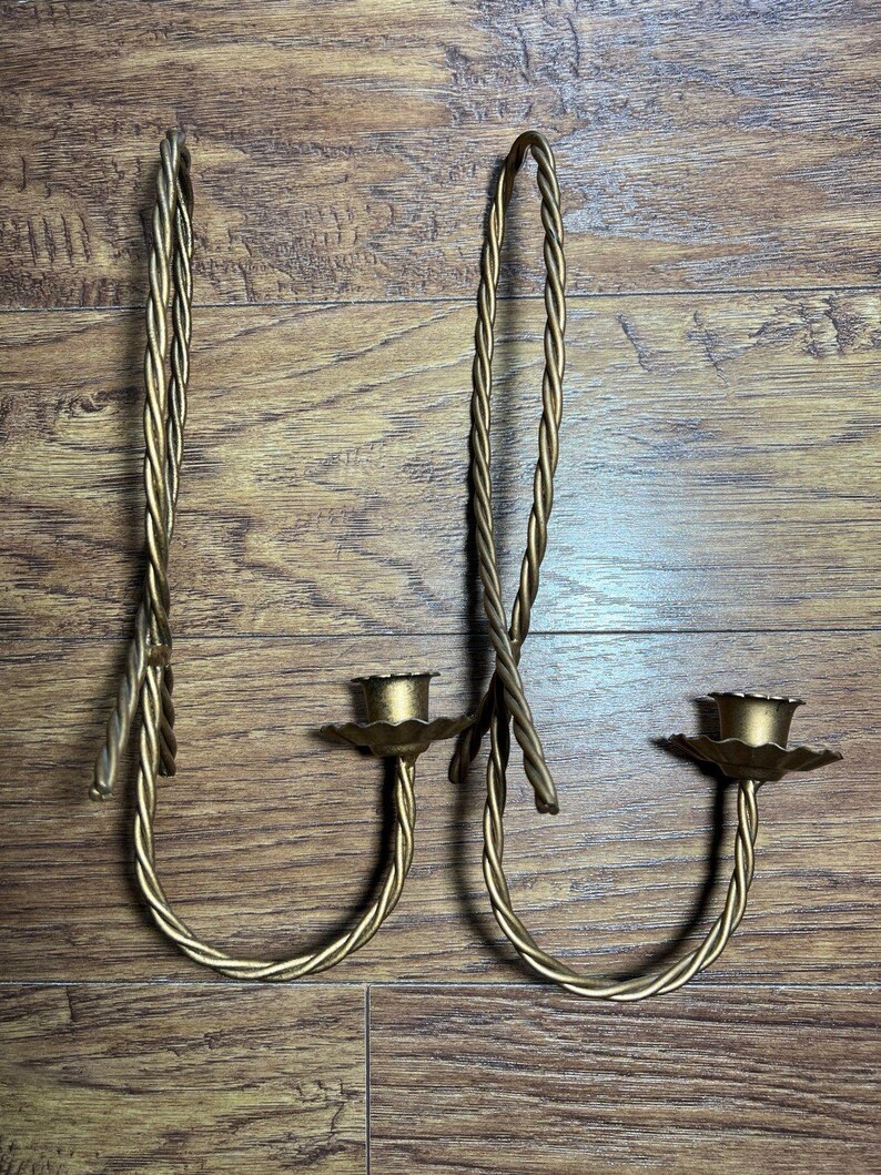 Vintage Pair Home Interior Gold Metal Twisted Rope Candle Holders Wall ...