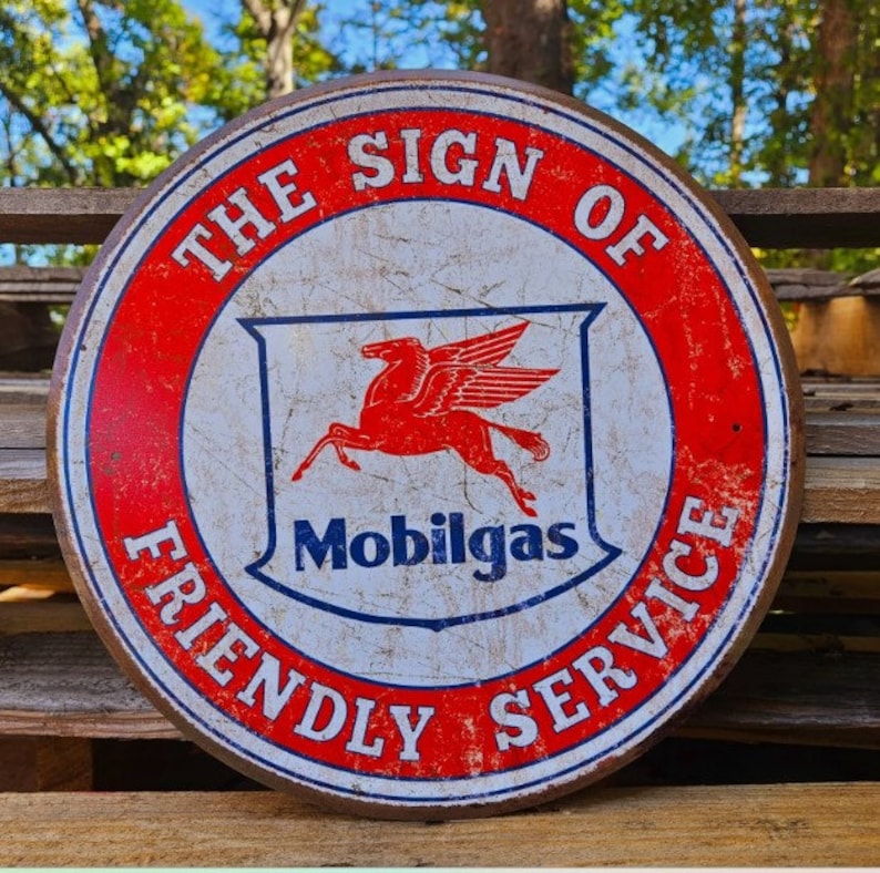 MOBIL GAS SIGN "friendly Service" Oil Advertising Gas Biker Vintage ...