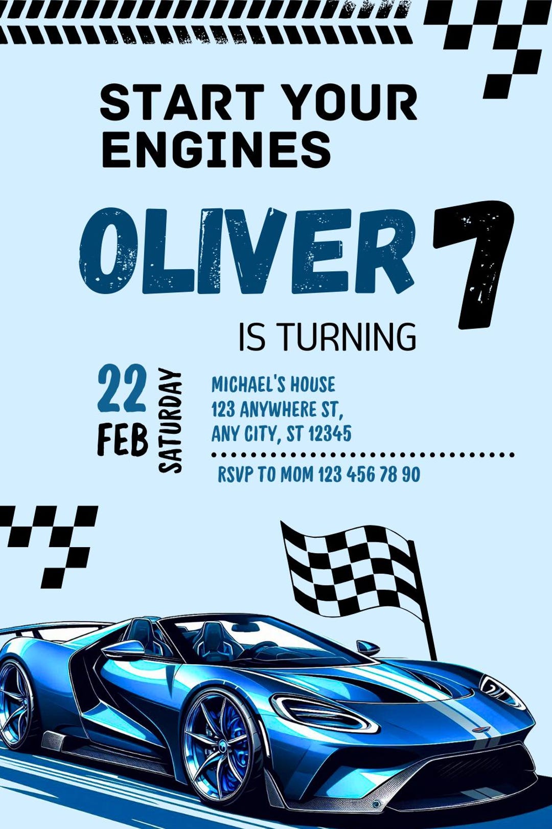 Editable Blue Corvette Birthday Invitation, Car Birthday, All Ages ...