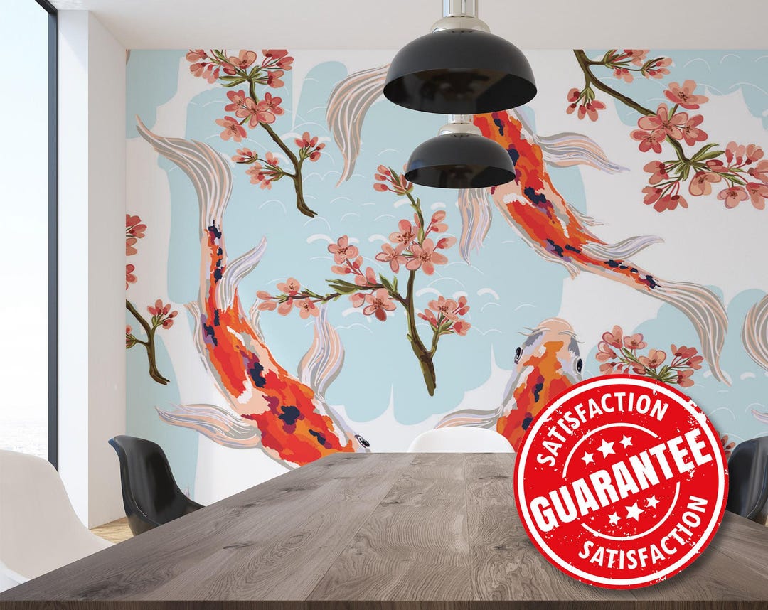 Japanese Koi Fish Mural Wallpaper / Aquatic Floral Wall Mural / Cherry ...