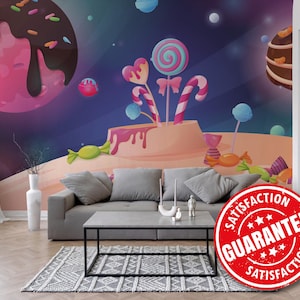 Candy Planet Mural – Peel and Stick Lollipop Space Wallpaper - Etsy