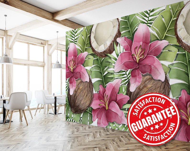 Tropical Coconut Palm Mural, Exotic Floral Wallpaper, Peel and Stick - Etsy