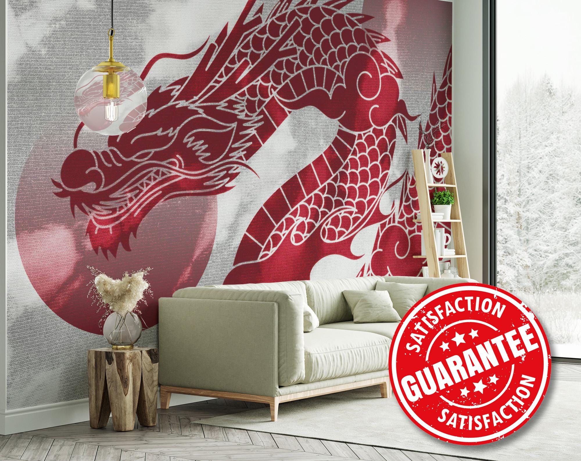 Red Dragon Removable Vinyl Mural / Japanese Ink Wallpaper Mural – Peel ...