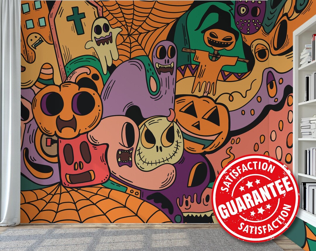 Halloween Doodle Wall Mural Wallpaper, Spooky Cartoon Pumpkin Ghosts ...