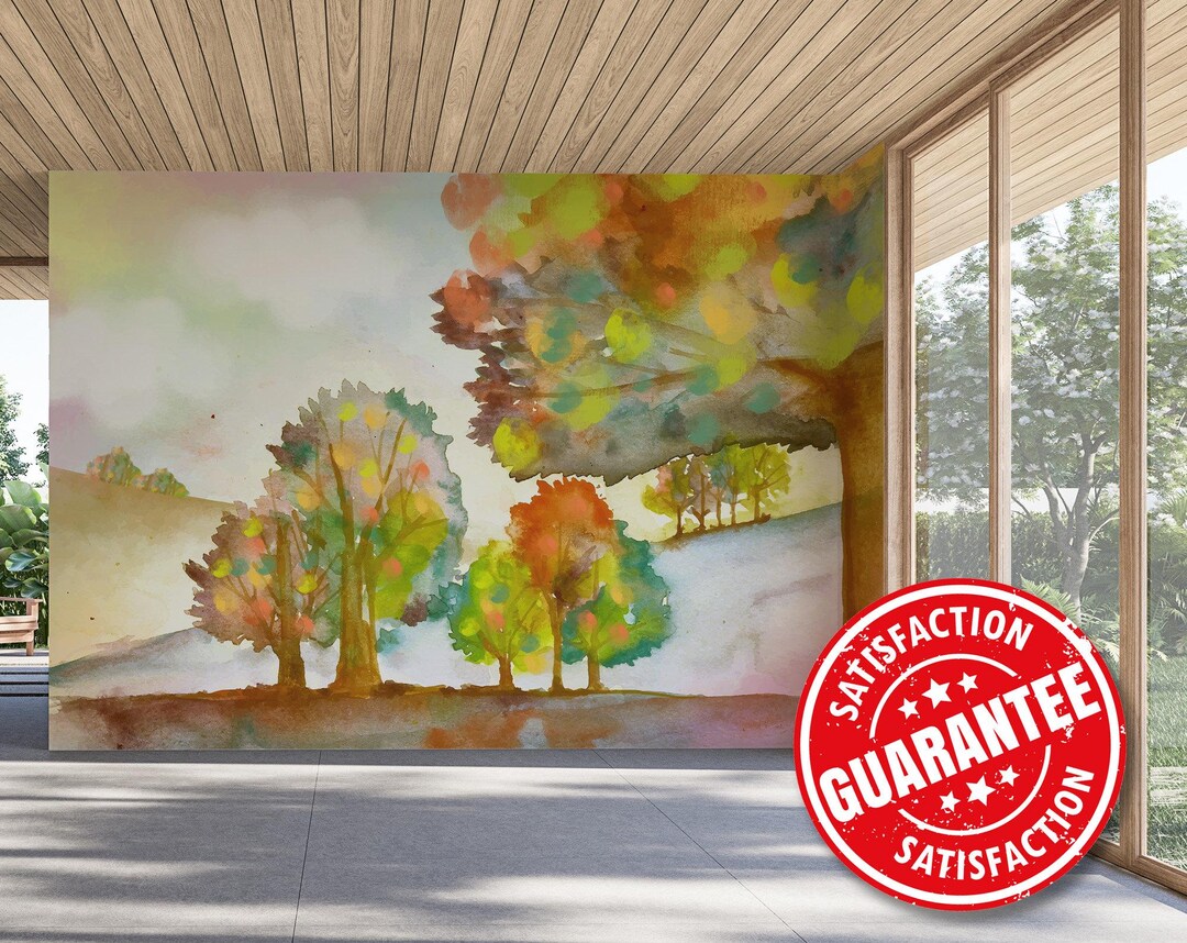 Autumn Trees Watercolor Mural Wallpaper, Fall Trees Large Wall Mural ...