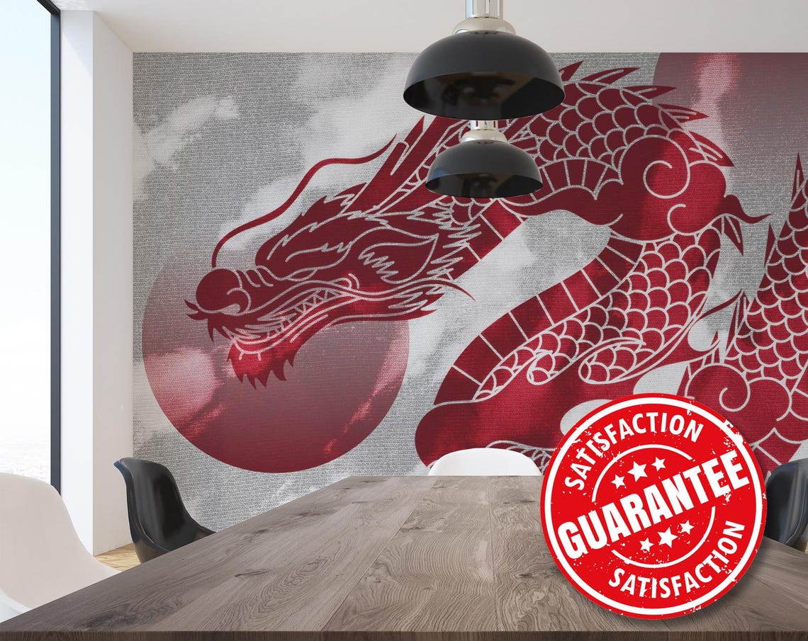 Red Dragon Removable Vinyl Mural / Japanese Ink Wallpaper Mural – Peel ...