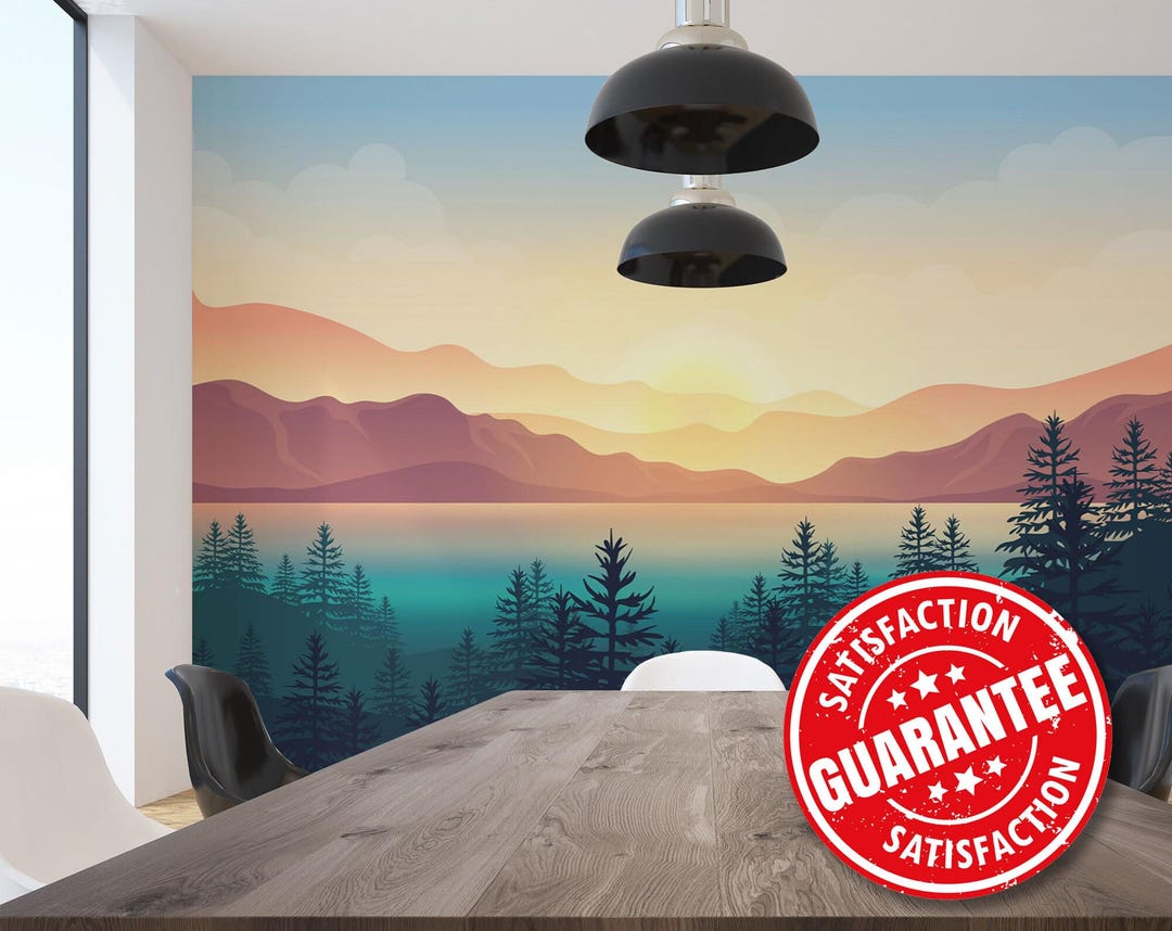Mountain Landscape Mural Wallpaper / Watercolor Sunset Large Wall Mural ...