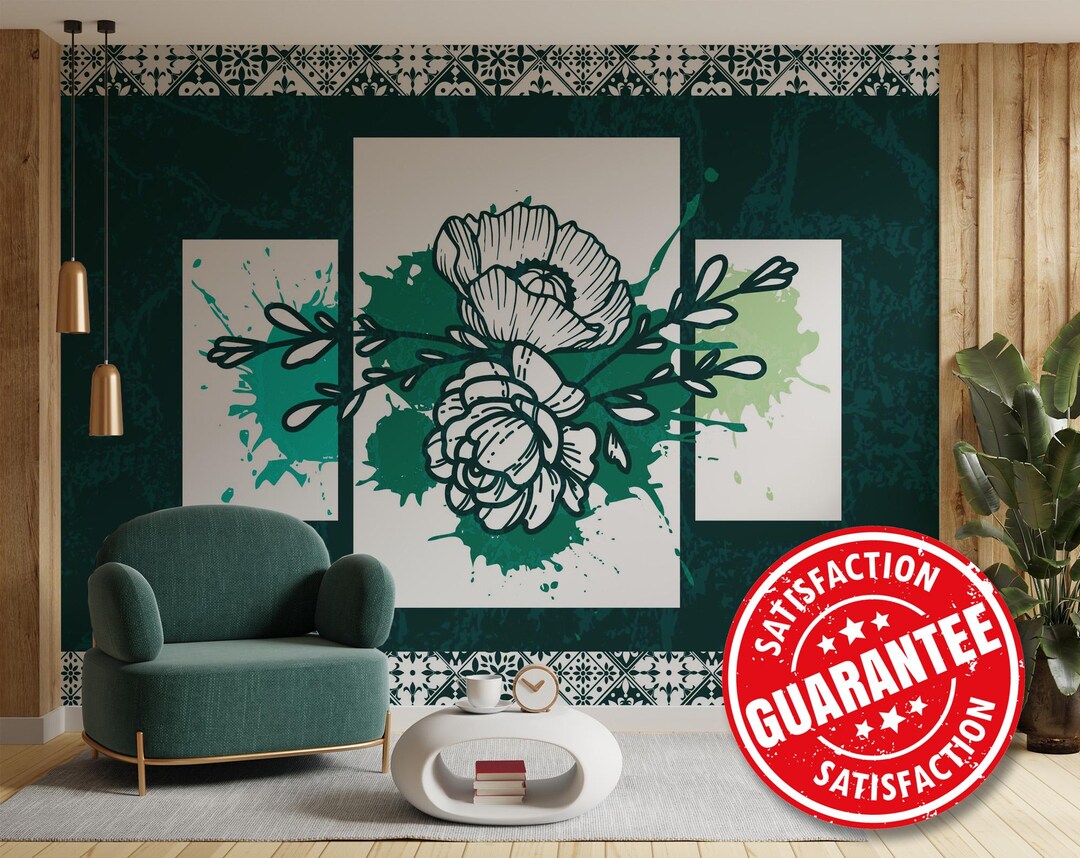 Emerald Floral Tiles Wall Mural Wallpaper, Artistic Green Blooms Large ...