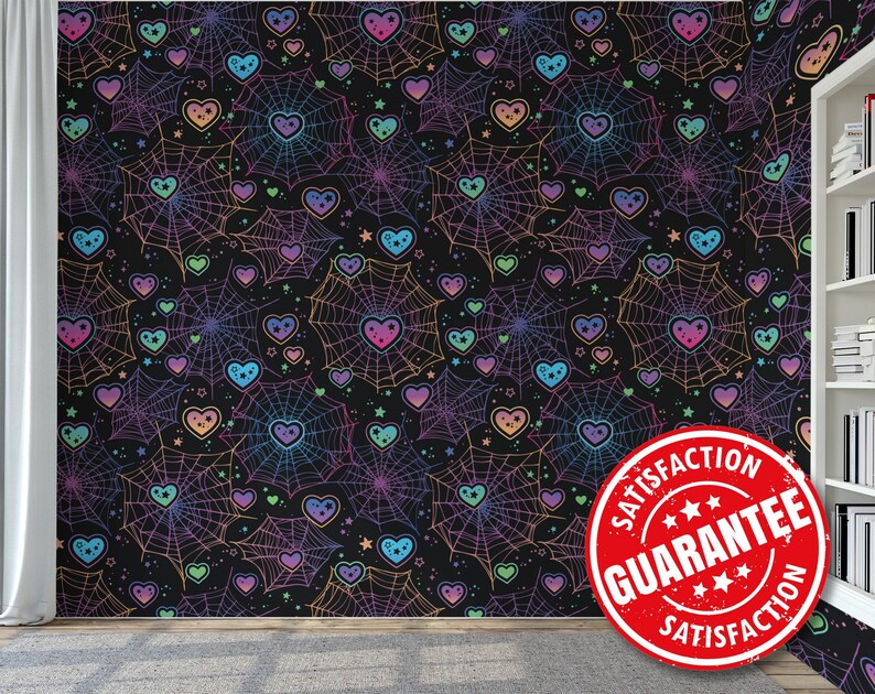 Halloween Hearts and Webs Wall Mural Wallpaper, Colorful Creepy Cobweb ...