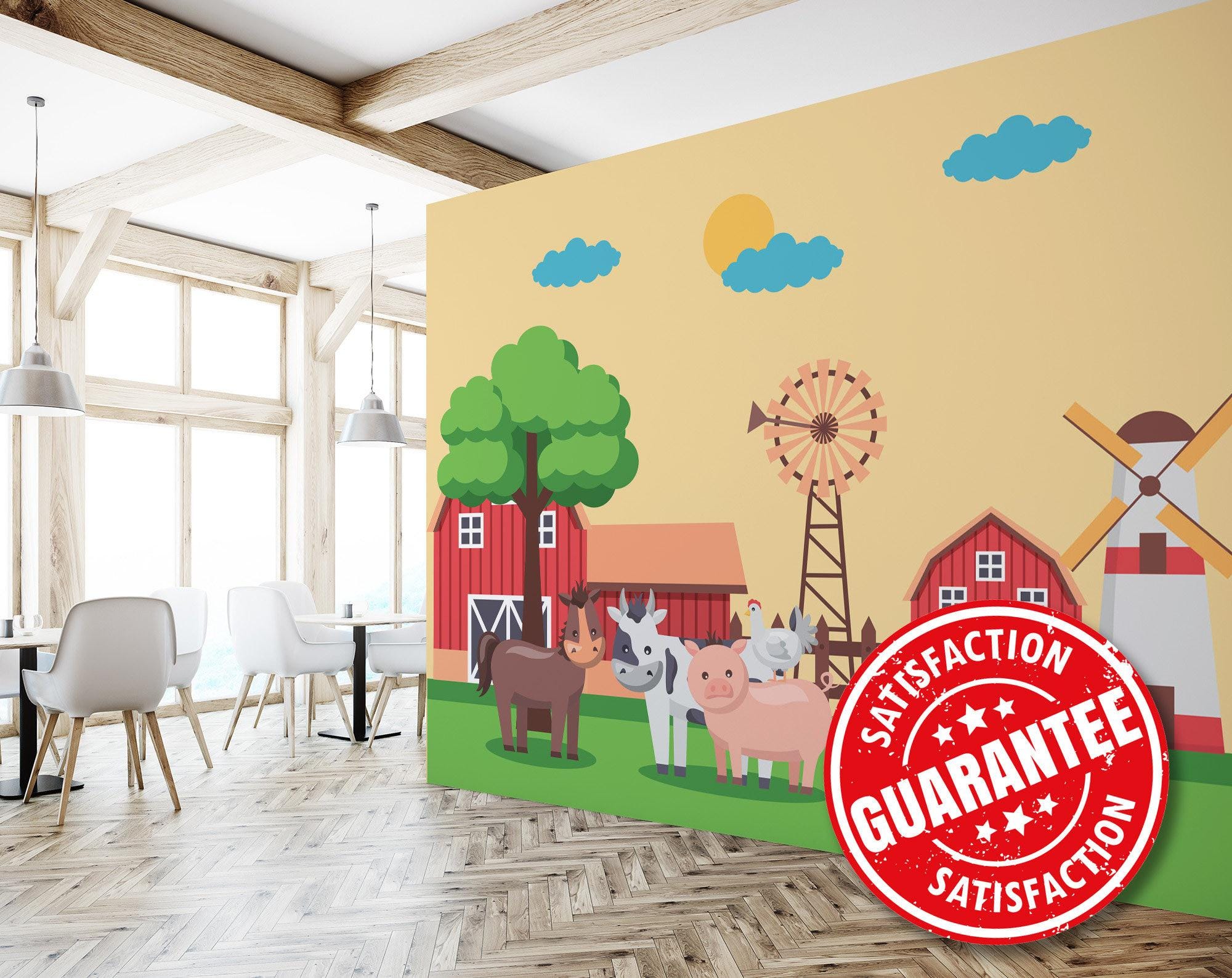 Farm Animal Mural, Playful Barnyard Print, Peel & Stick Wallpaper - Etsy
