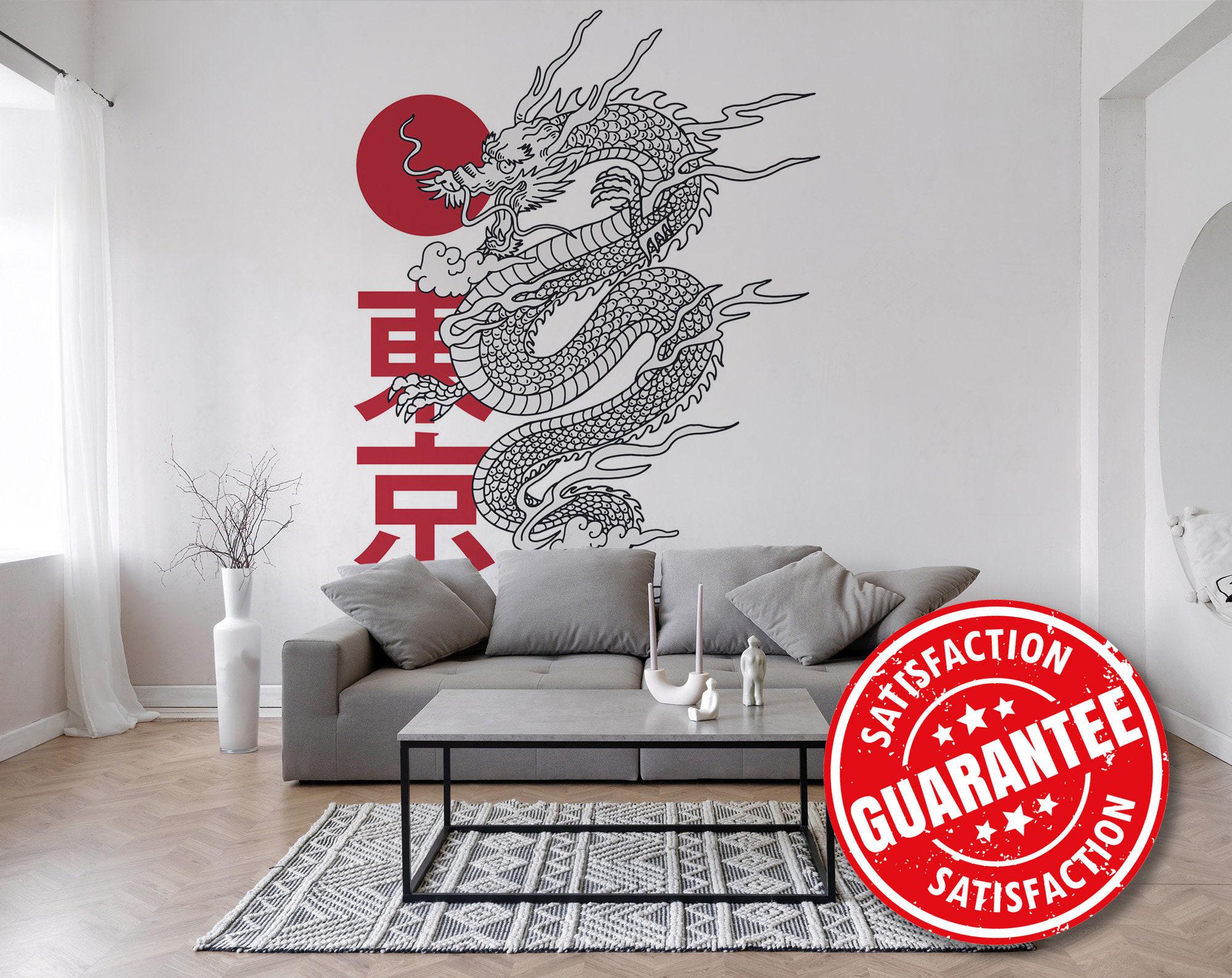 Japanese Dragon Mural, Red Sun, Peel and Stick Wallpaper - Etsy UK