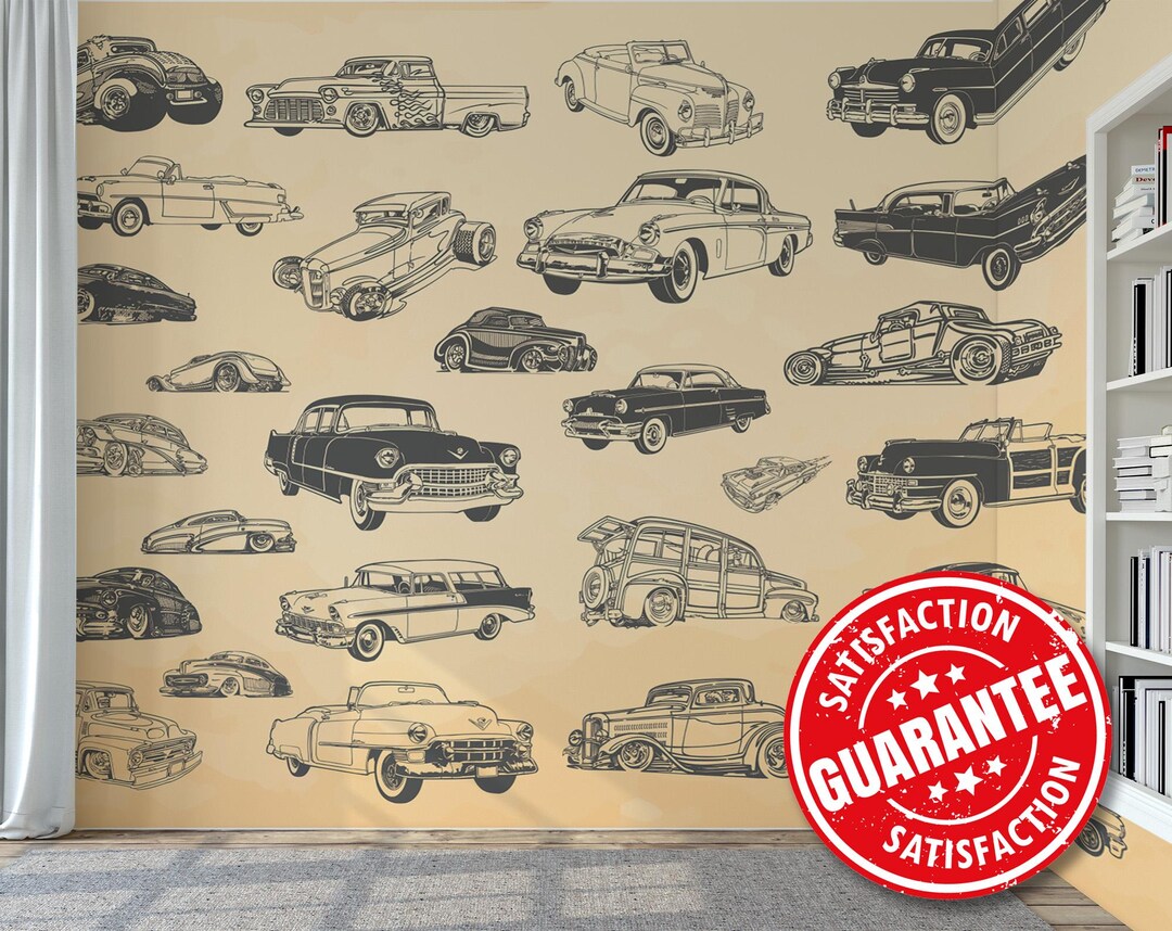 Retro Car Collage Removable Vinyl Mural / Vintage Classic Car Wallpaper ...