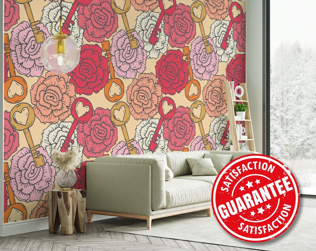 Roses and Keys Mural – Vintage Floral Pattern, Removable Wallpaper - Etsy