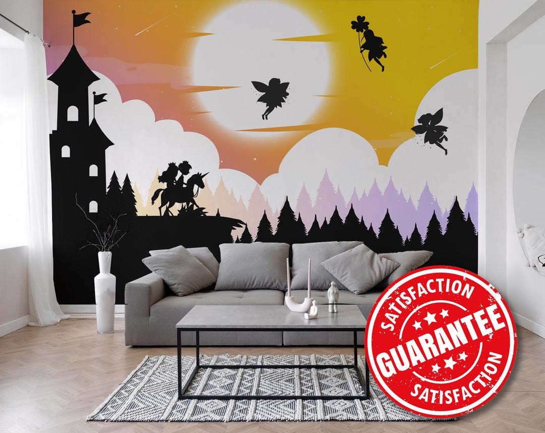 Fairy Removable Vinyl Mural / Castle Silhouette Wallpaper - Peel ...