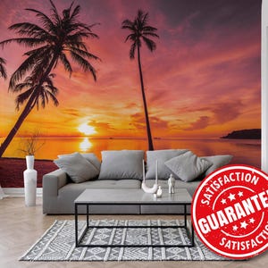 Beach Sunset Mural Wallpaper, Tropical Palm Trees, Peel & Stick - Etsy