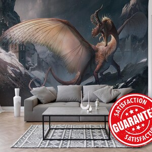 Gray Dragon Mural Wallpaper, Large Wall Mural Removable Peel & Stick or ...