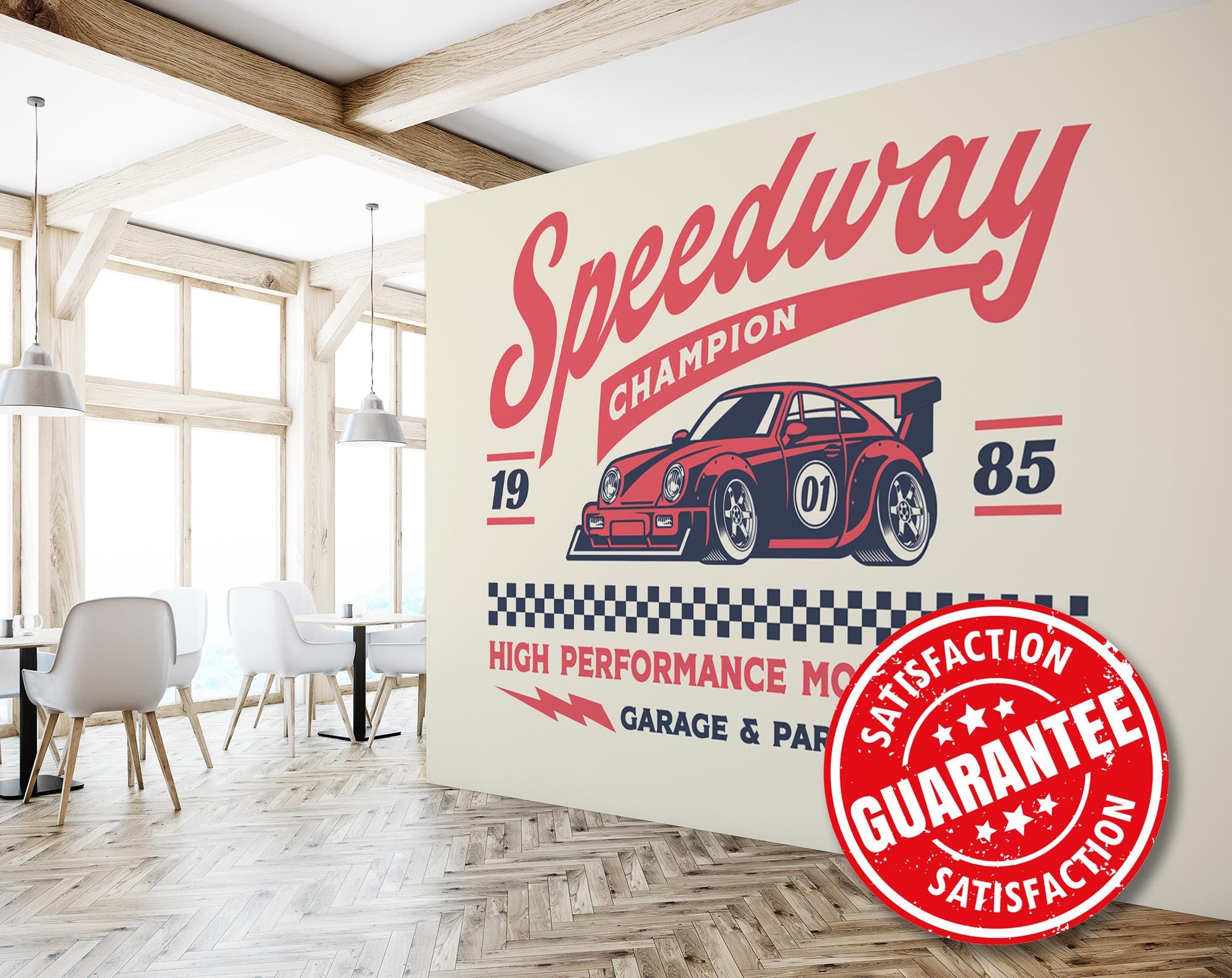 Speedway Champion Removable Vinyl Mural / Retro Race Car Wallpaper ...
