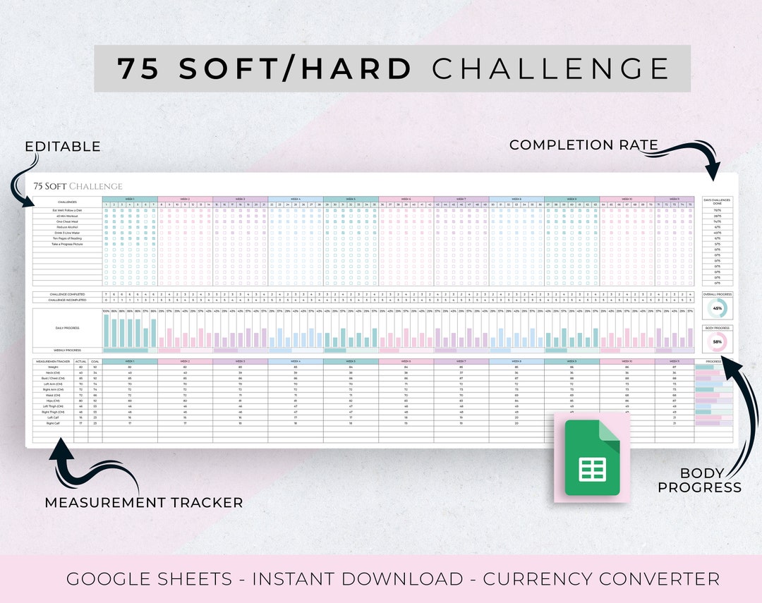 75 Soft Hard Challenge Tracker Spreadsheet Template for Google Sheets ...