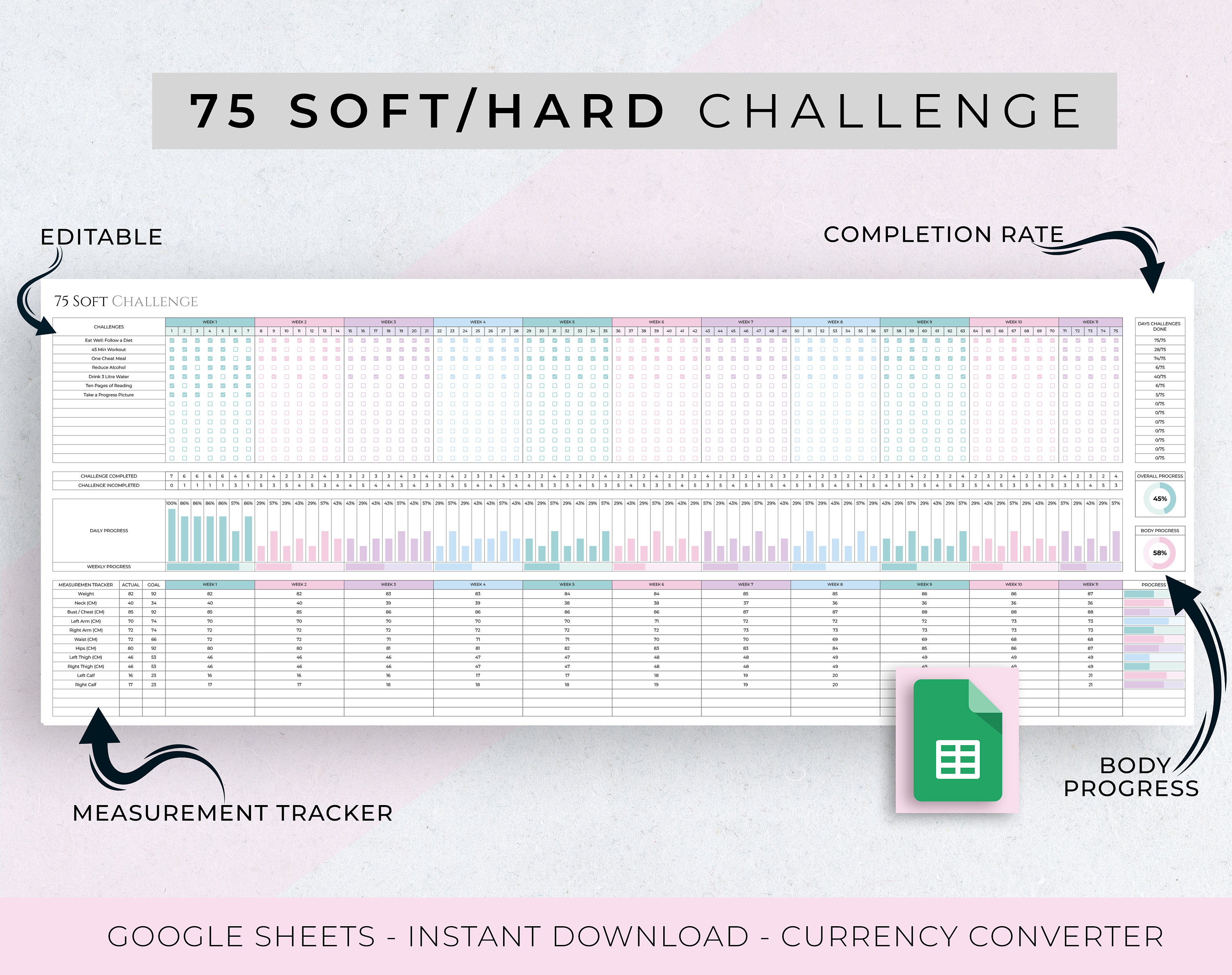 75 Soft Hard Challenge Tracker Spreadsheet Template for Google - Etsy ...