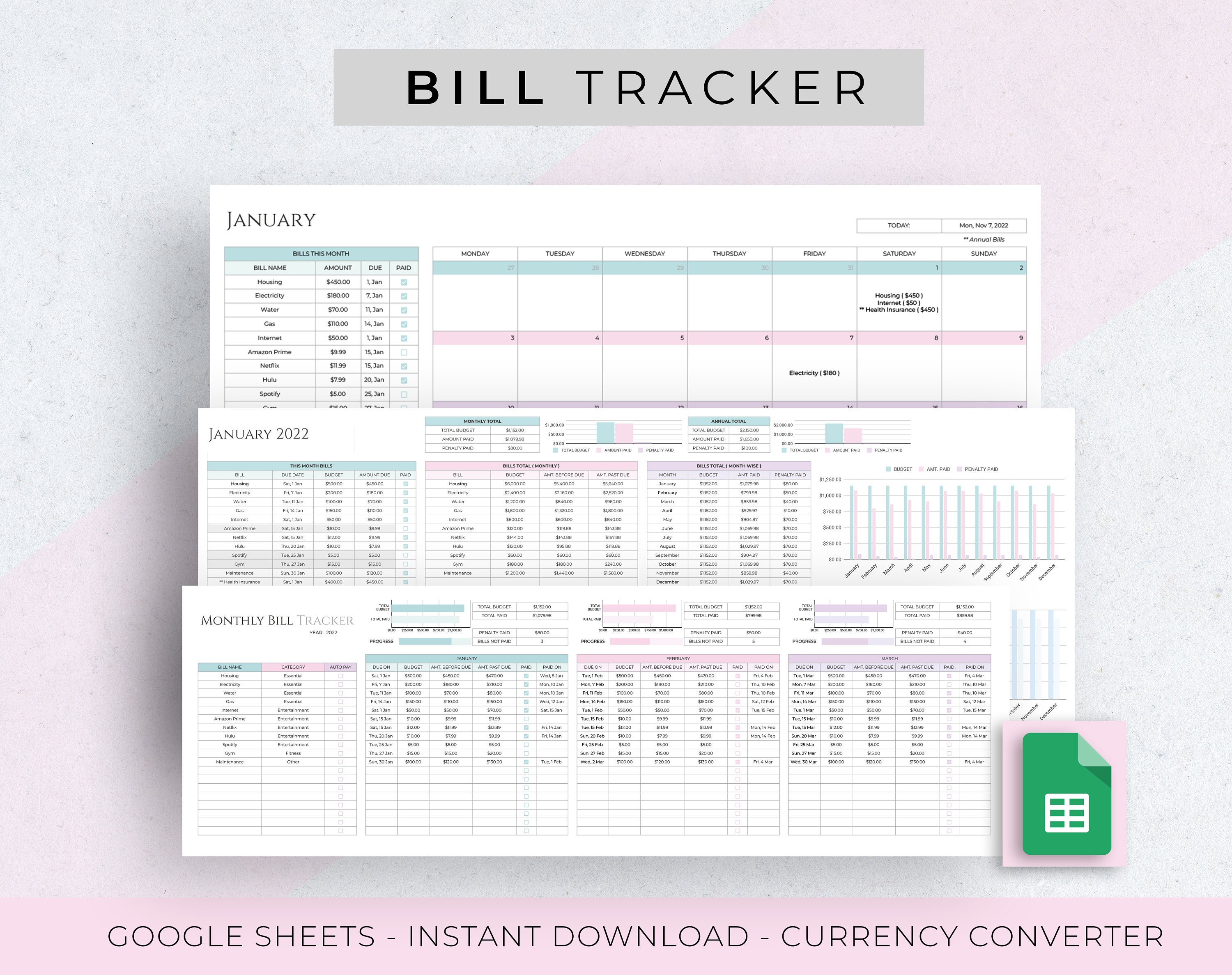 Bill Tracker Google Sheet Template Spreadsheet, Bill Calendar, Bill ...