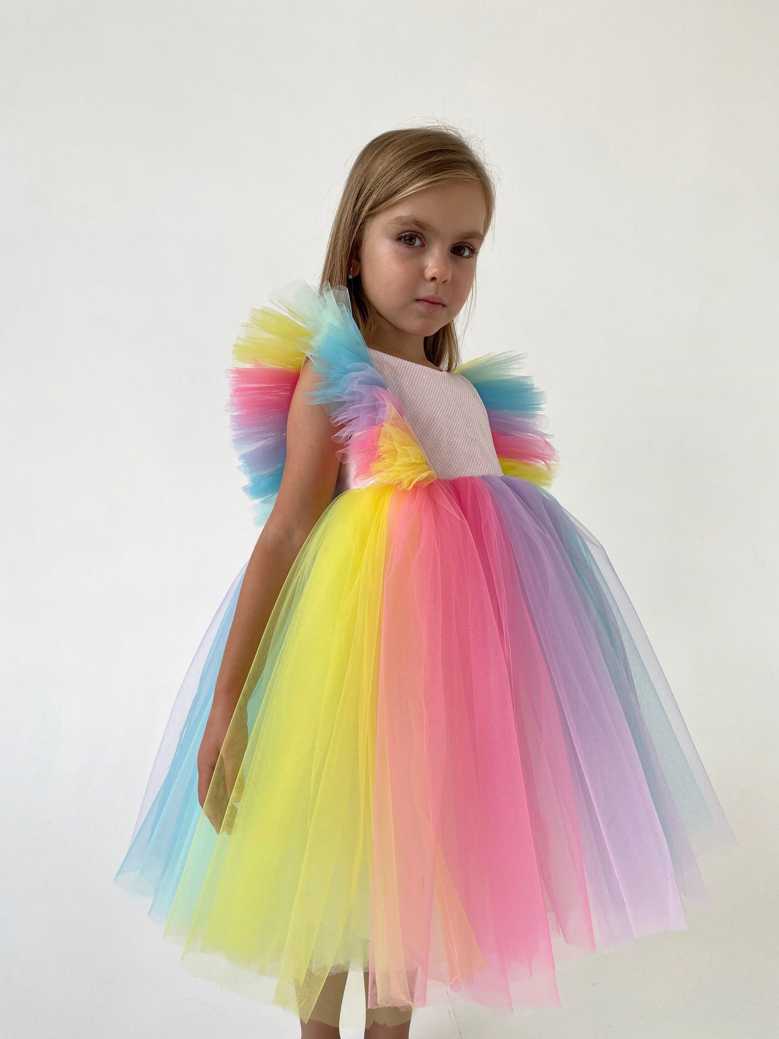 Rainbow Flower Girl Dress Tulle Girl Dress Birthday Girl Dress Tutu Girl Dress Flower Girl