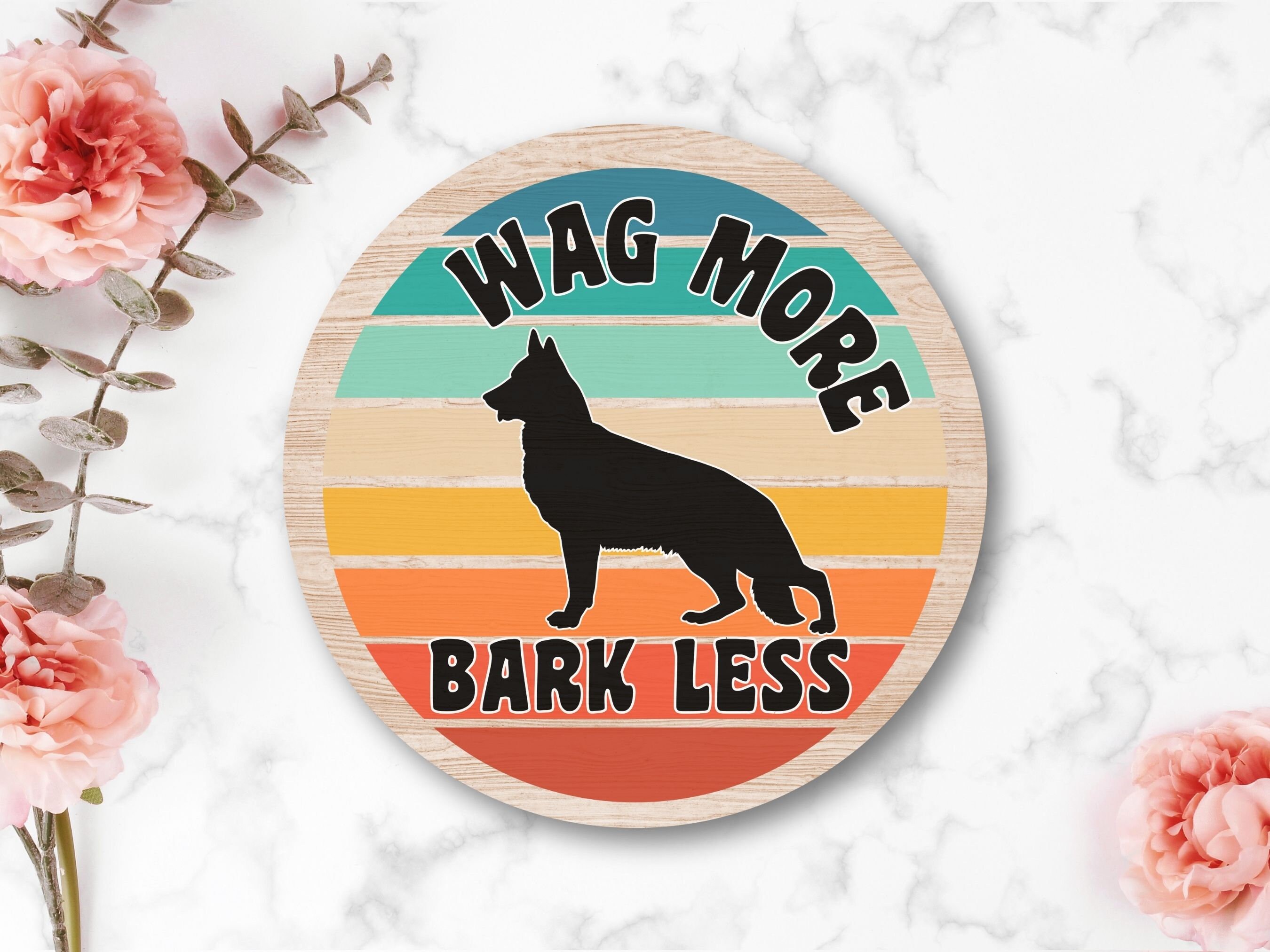 German Shepherd SVG, Wag More Bark Less Retro Sunset Funny Shepherd Dog ...