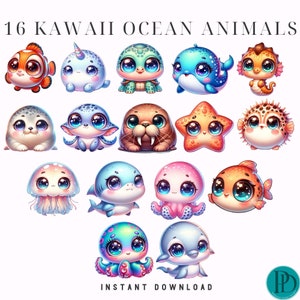 Cute Kawaii Baby Ocean Animals Graphic Clipart Pack Digital Download ...