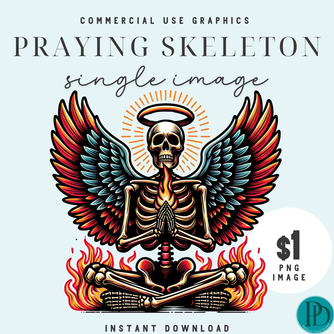 Praying Skeleton Clipart Digital Download Skeleton Angel With Flames ...