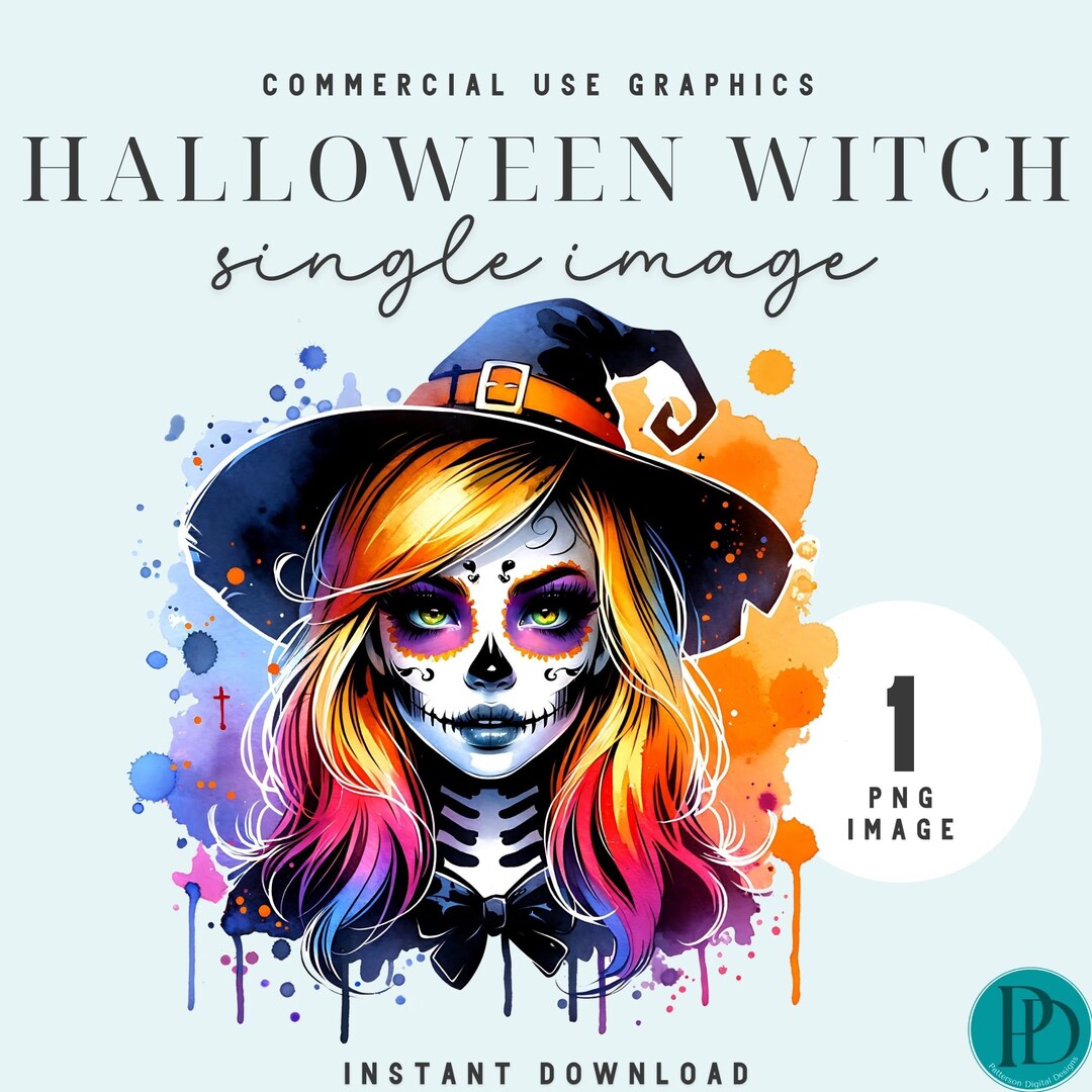 Watercolor Day of the Dead Witch Clipart Colorful Sugar Skull Art ...