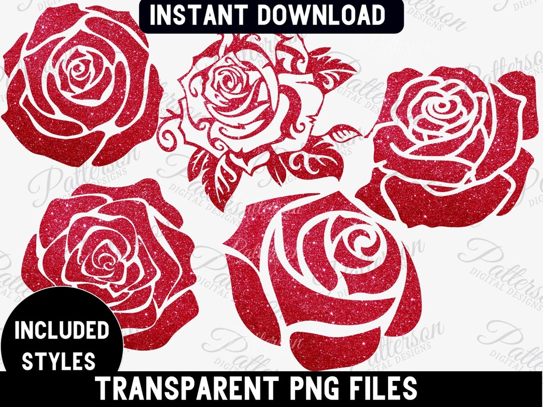 Red Glitter Rose PNG Clipart Bundle, DIY Valentine's Flowers Download ...